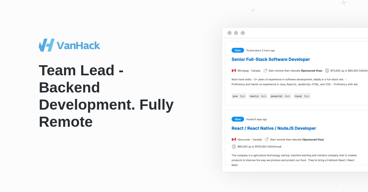 Team Lead - Backend Development. Fully Remote - VanHack